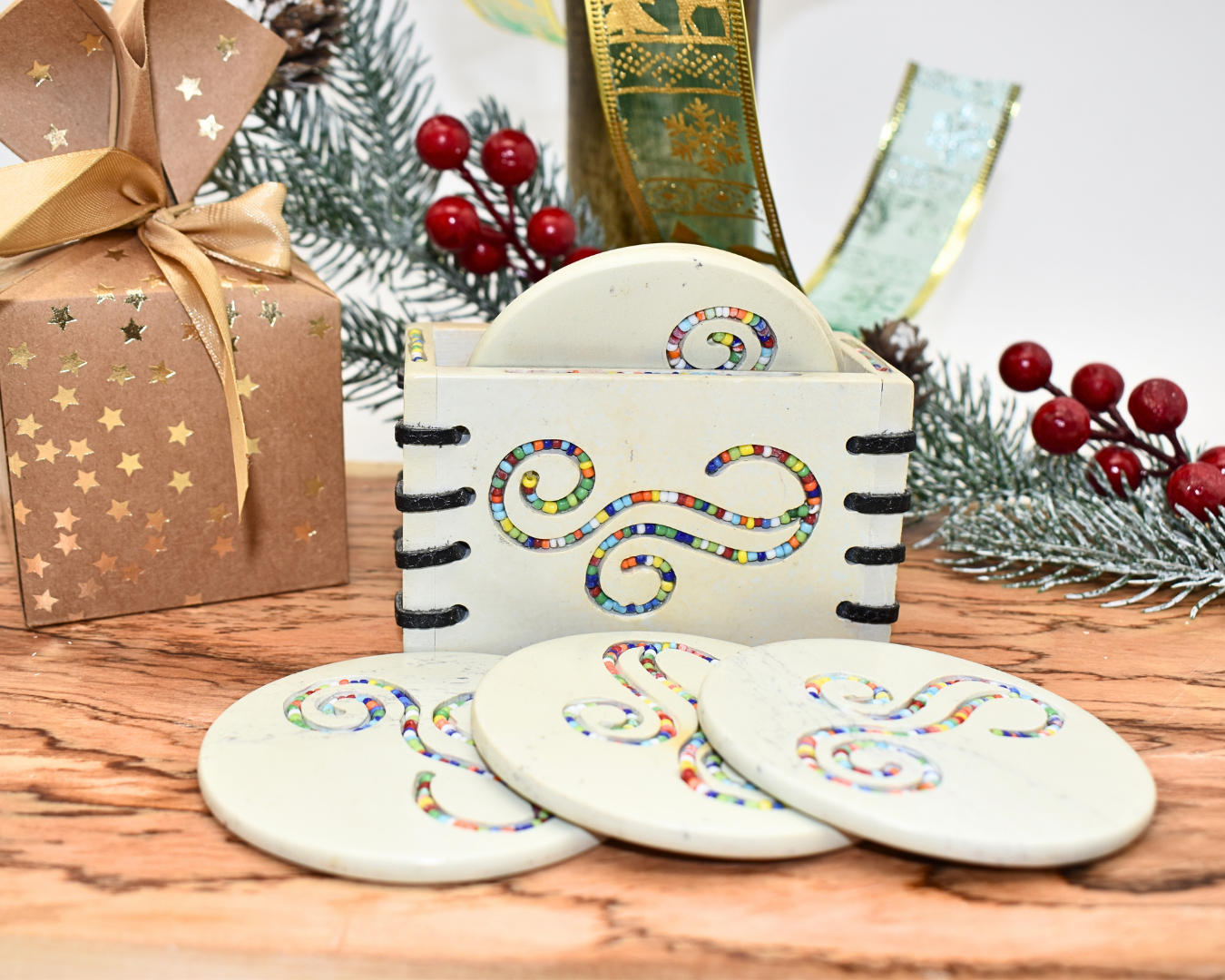 Soapstone Coasters with Maasai Beadwork Set of 6 | Kenyan Hand-Carved ...